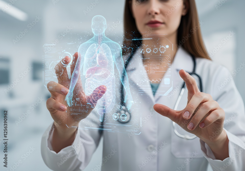 Woman doctor using futuristic holographic technology to examine virtual ...