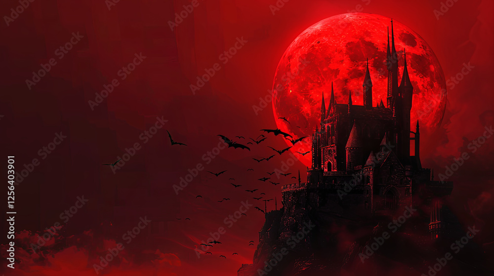 Dark Vampire Castle Under a Blood-Red Moon with Flying Bats Stock ...