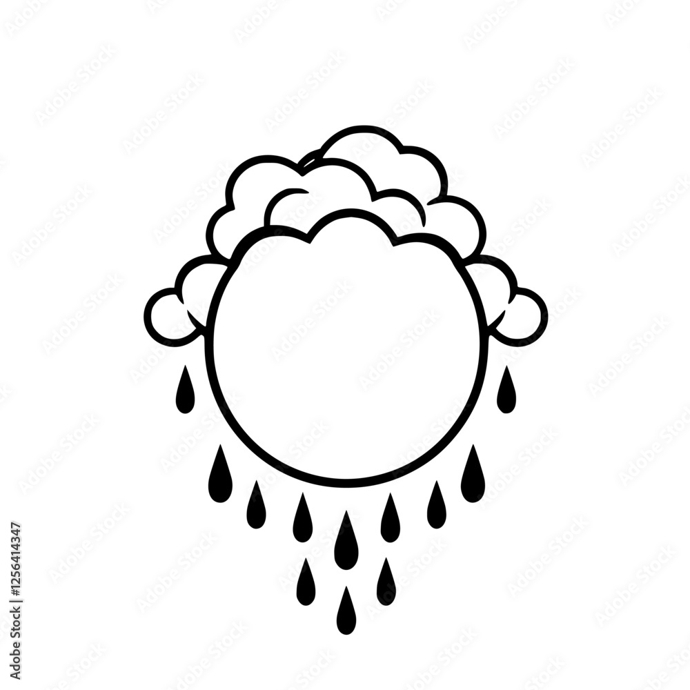Black and white illustration of a cloud with falling raindrops and a ...