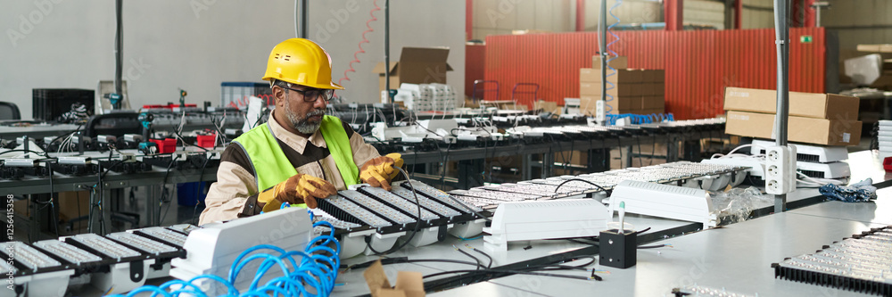 Header of mature male worker of modern factory producing electric ...