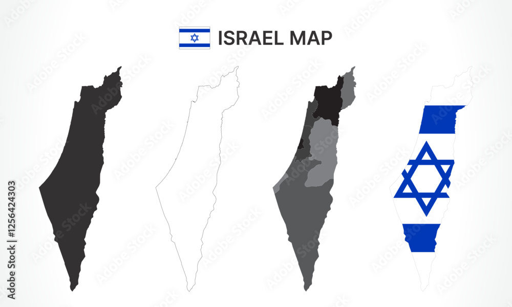 Detailed Israel Map Collection with Outline, Silhouette, Districts, and ...