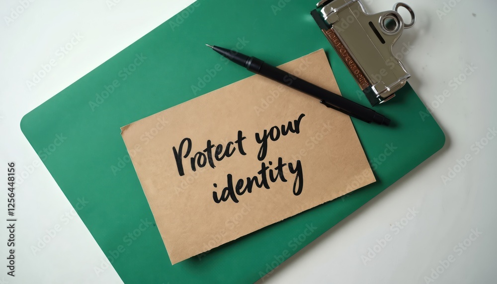 Clipboard with paper sheet and Protect Your Identity message. Safety ...