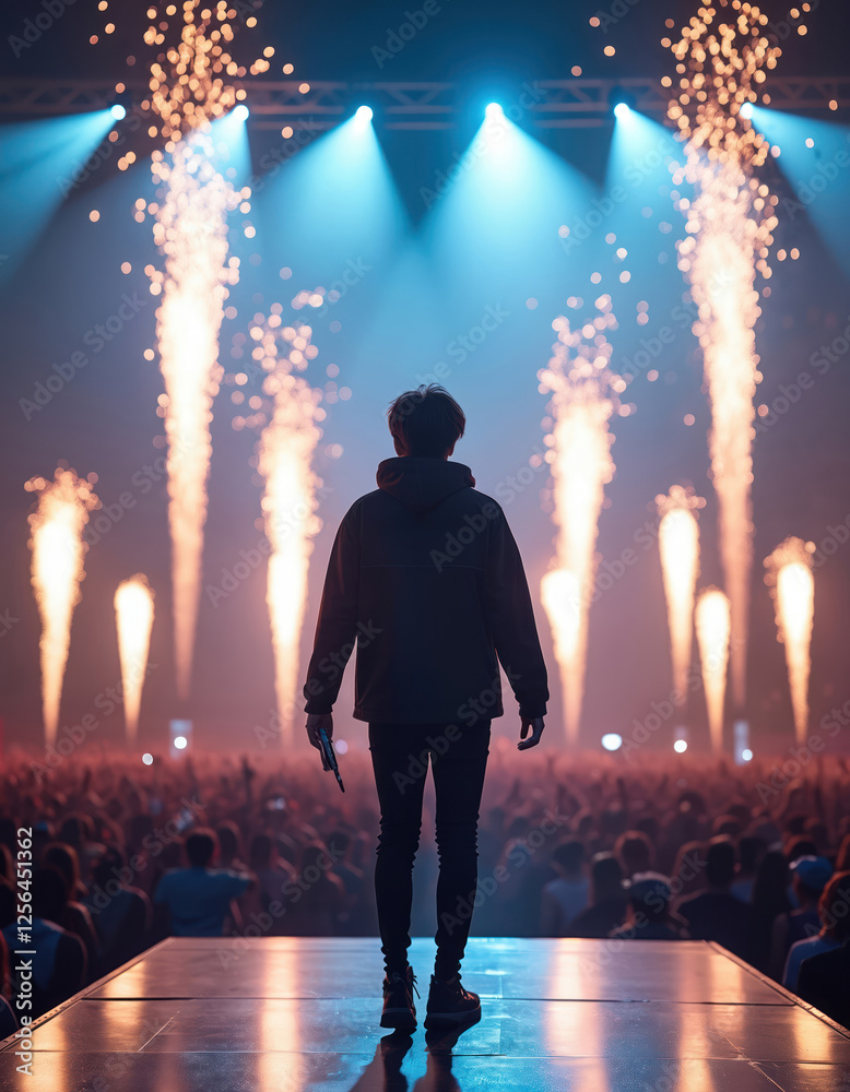Idol star on stage before crowd at music concert show. Back view of ...