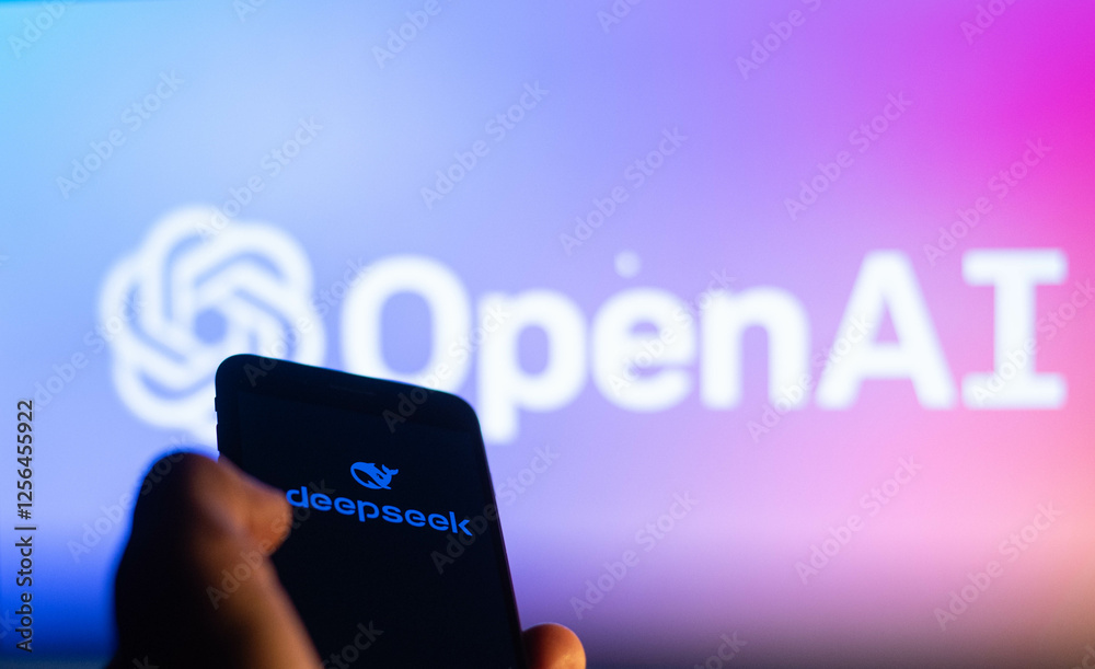 Foto de Stock Deepseek chinese AI artificial intelligence company. Deepseek app on smartphones ...