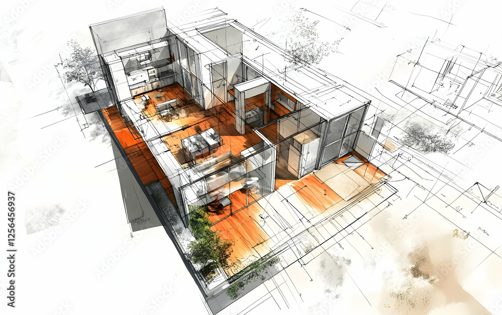 Architectural blueprints showcasing a complex floor plan, illustrating ...