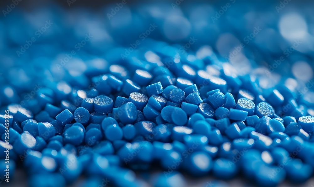 Close up view of many blue plastic polymer pellets used in ...