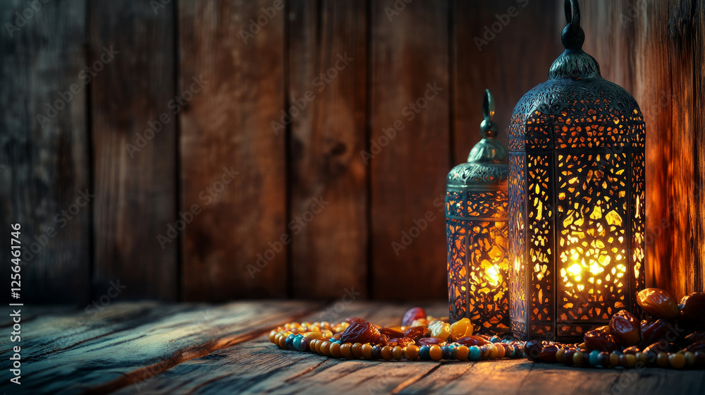 Muslim lamps with prayer beads and dates on wooden background Stock ...