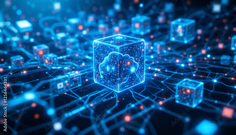 The image shows a 3D rendering of a cube in the center of a network of interconnected lines and ...