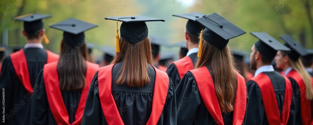 Back view of graduates during university graduation ceremony. Students ...