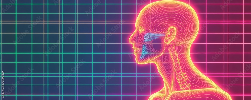 Neon vaporwave portrait, glowing outline of a human figure against a ...