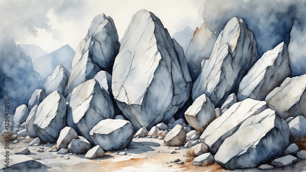 Watercolor of massive granite boulders with solid textures and cool ...