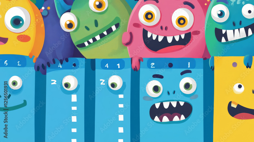 School timetable with funny smiling monster faces vector template, weekly classes schedule ...