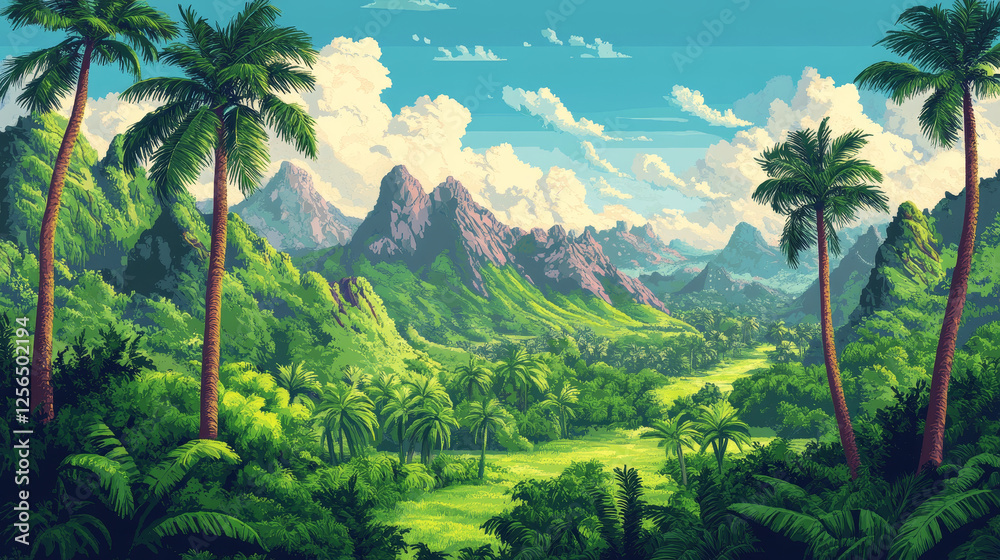 8 bit pixel art game, tropic jungle forest landscape with palms, cartoon vector background ...