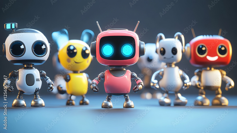 Cartoon robots characters, vector cyborgs and droids with friendly ...