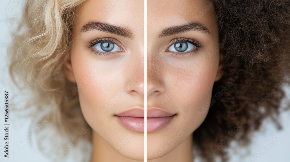 Split view of woman showcasing different skin tones and textures in a ...