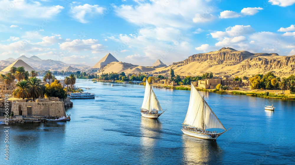 Ancient Egypt landmarks travel to pyramids, vector vintage retro ...