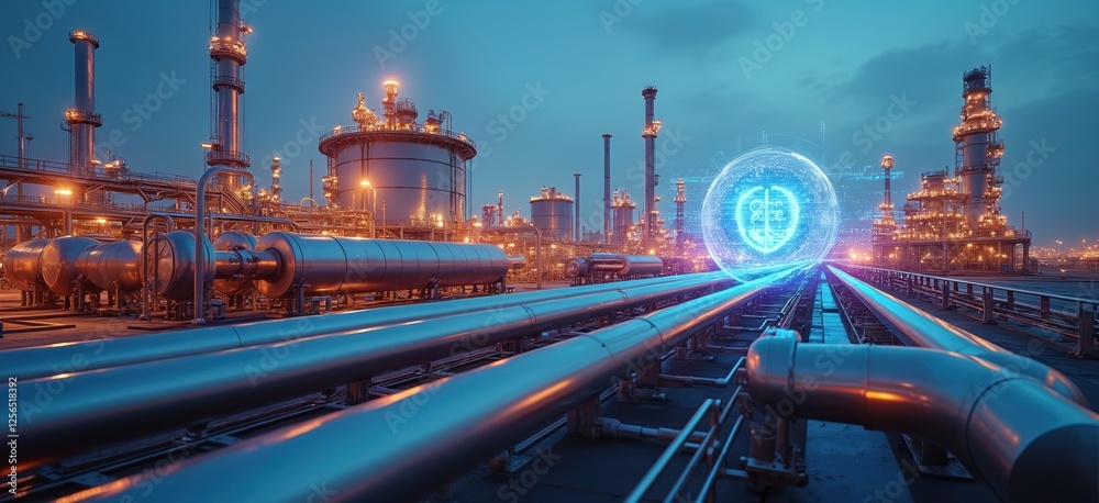 Futuristic oil, gas refinery with holographic data. Pipelines, tanks at ...