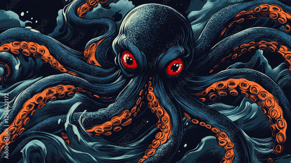 Cartoon danger octopus with tentacles, vector decorative frame. Kraken ...