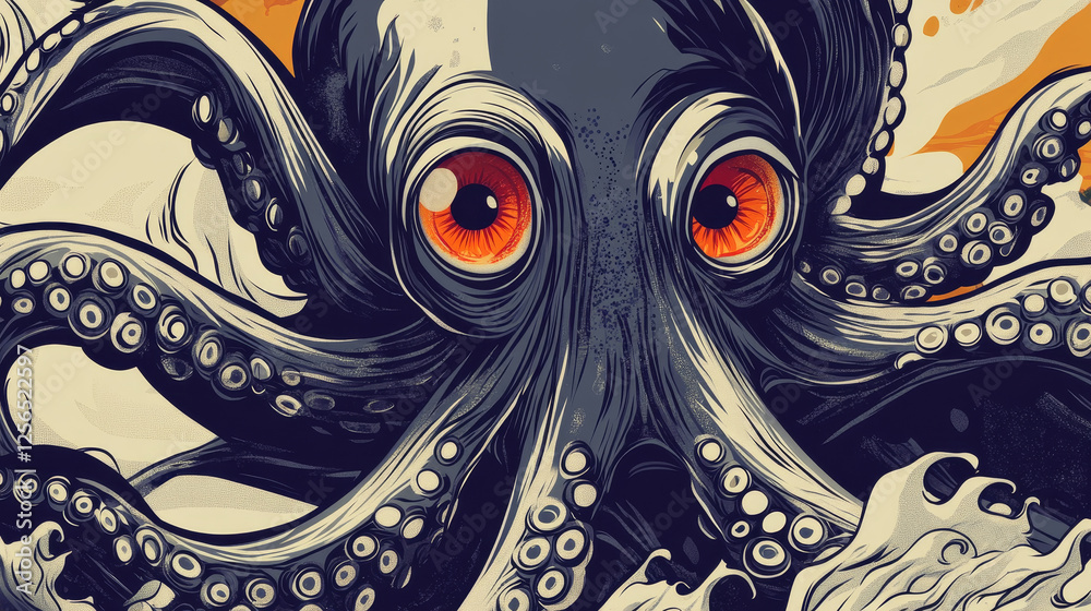 Cartoon danger octopus with tentacles, vector decorative frame. Kraken ...