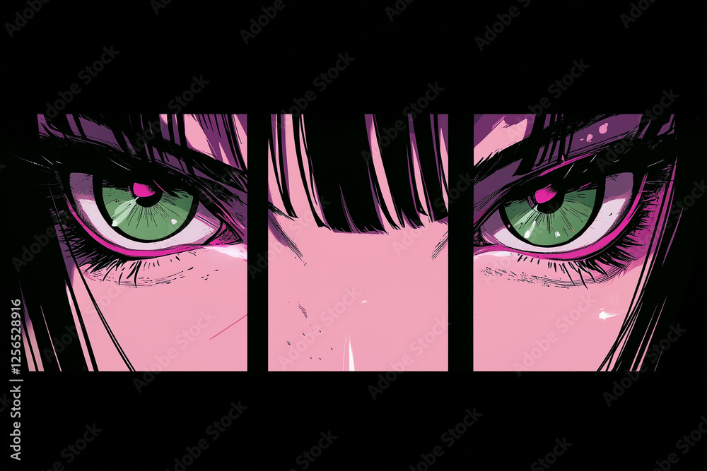 Poster or cover design of frame with anime eyes of a female dark-haired ...