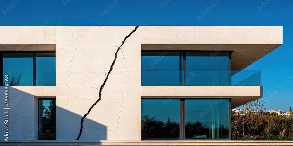 Exterior wall with crack in modern house and for bad foundation or ...