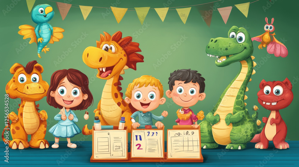 Cartoon textbooks and encyclopedia characters. Math game worksheet ...