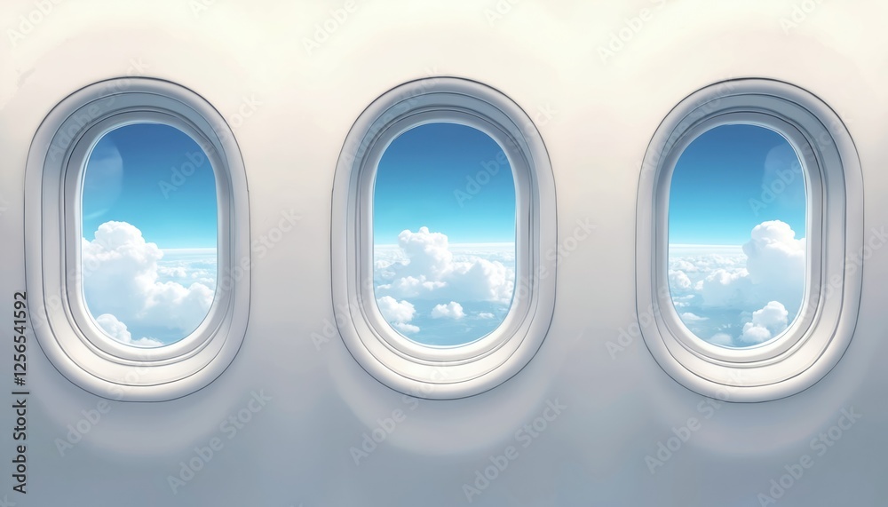 Three plane windows with sky, clouds outside. Travel illustration of ...