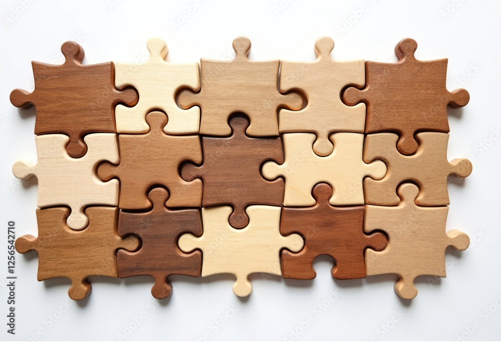 Wooden puzzle pieces assembled on transparent background. Different ...