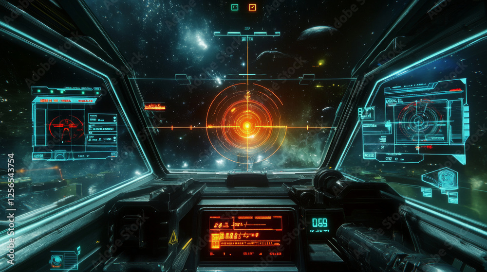 HUD futuristic monitor screen interface, target aim control dashboard, vector crosshair display ...