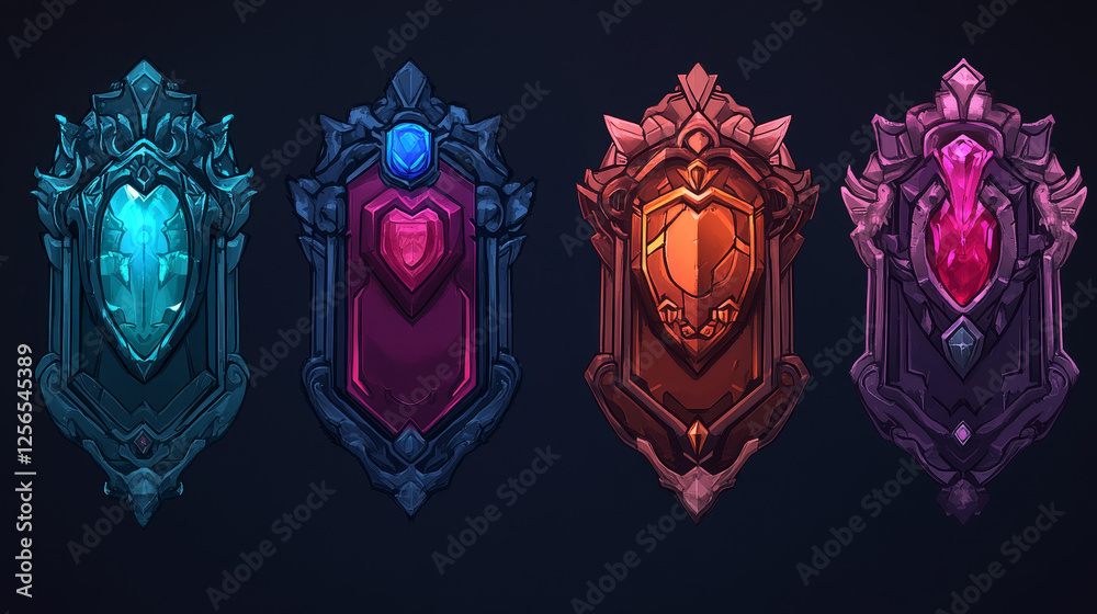 Stock-Illustration „Game award badges and level complete popup shields ...