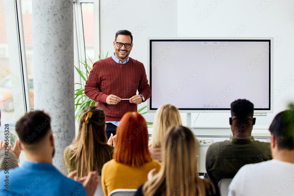 Smiling Presenter Leading Team Meeting in Bright Modern Office ...