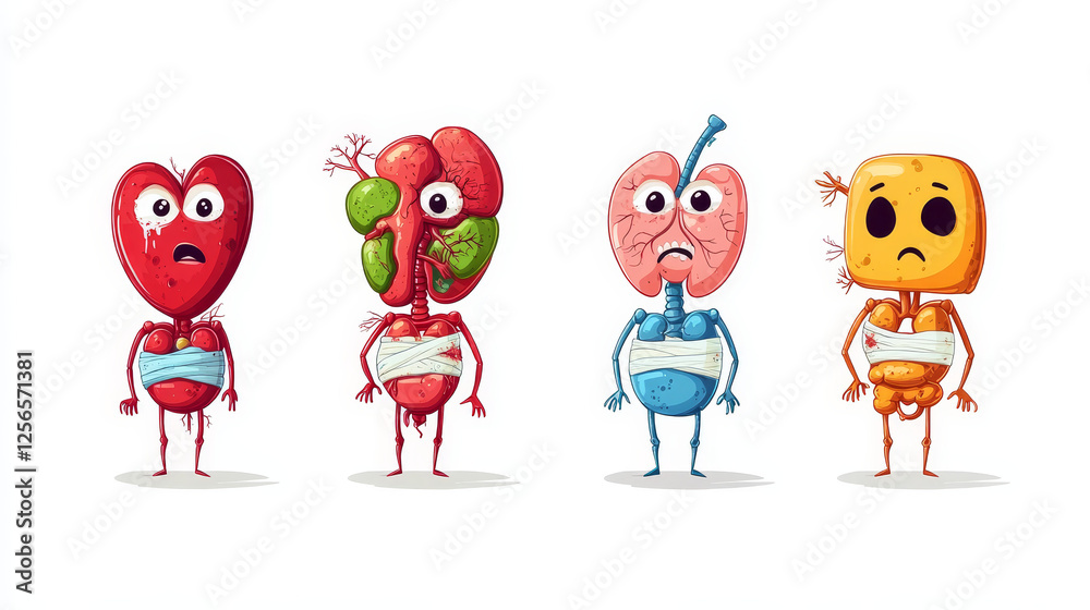 Ilustración de Stock Sick body organ characters. Injured and unhealthy ...