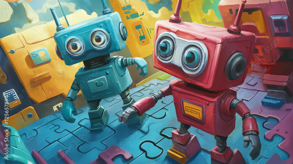 Labyrinth maze game, kids riddle with cartoon vector robots. Find right ...