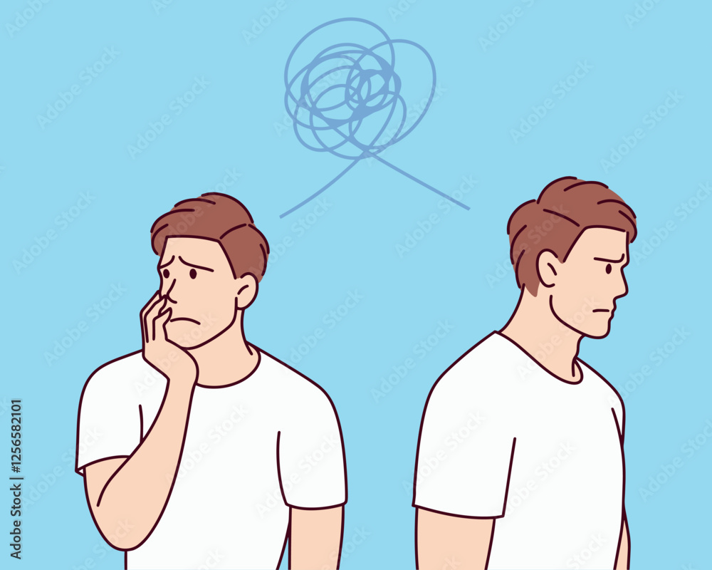 Two young men stand apart, showing signs of emotional conflict. They ...