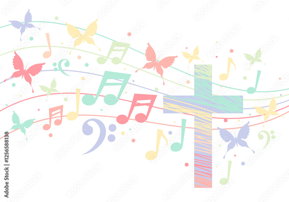 Colorful christian cross with music notes. Religion themed bright ...