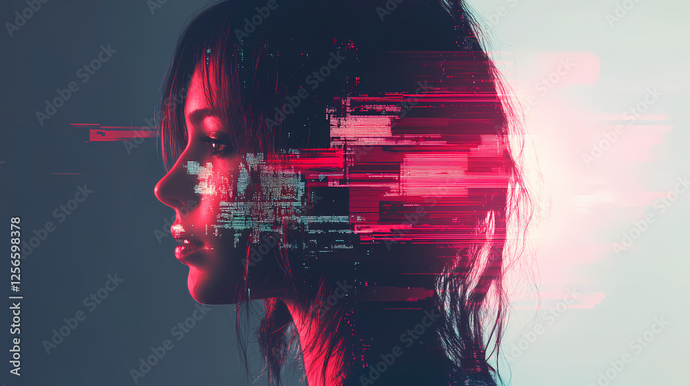 Woman pixel sorting effect glitching profile portrait dissolving into pixels. Glitching Reality ...