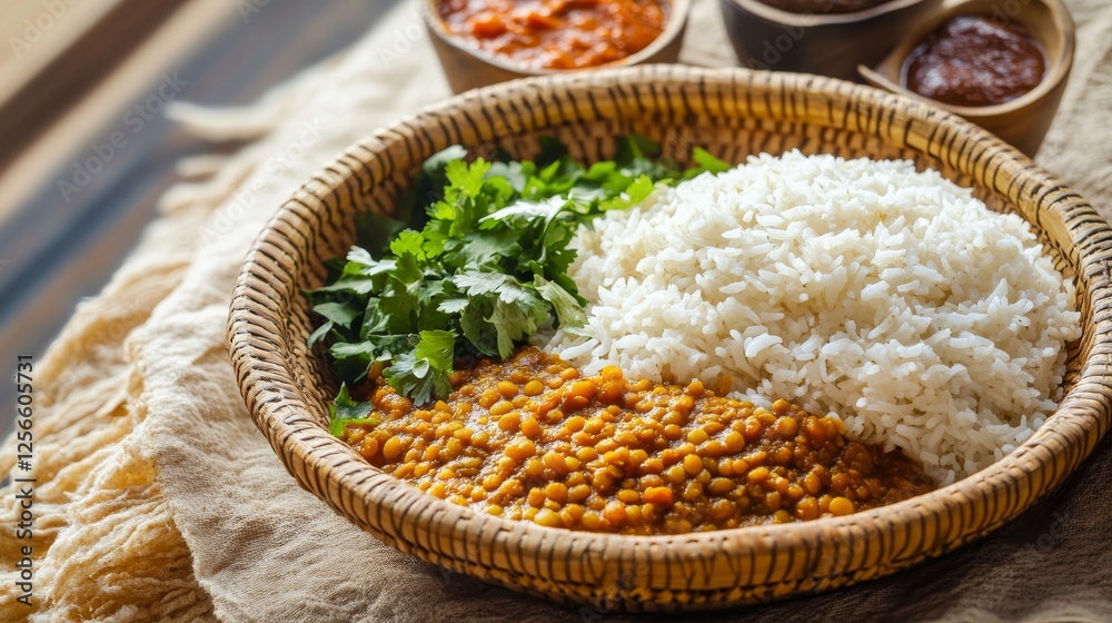 Image of rice and Ethiopian injera with spicy lentil stew on a ...