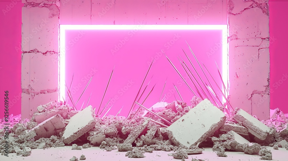 Crumbled concrete and sharp metal rods from a building collapse, stark ...