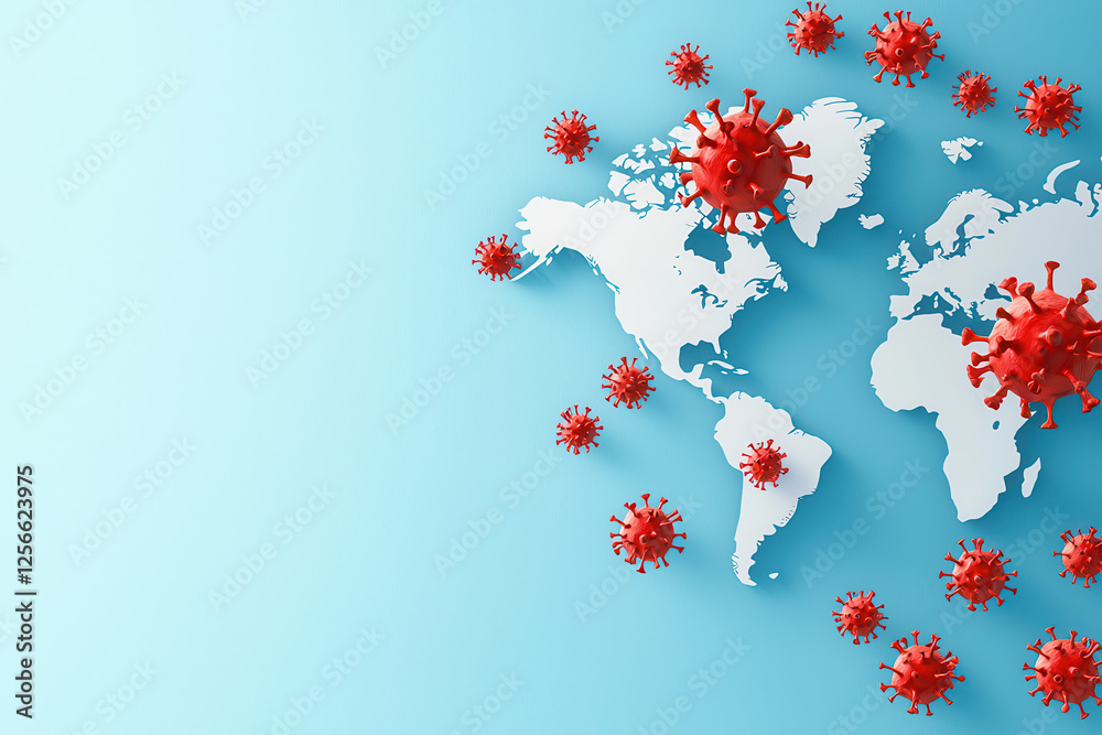 World map with virus spread indicators on blue background, illustrating ...