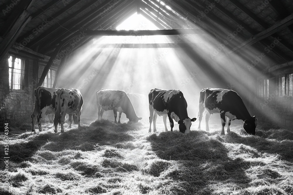 Sunbeams illuminate four cows grazing on hay in a rustic barn. Stock ...