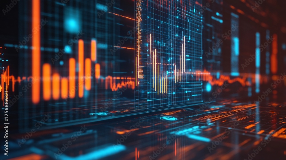 Digital data flowing on transparent screens showing charts and graphs ...