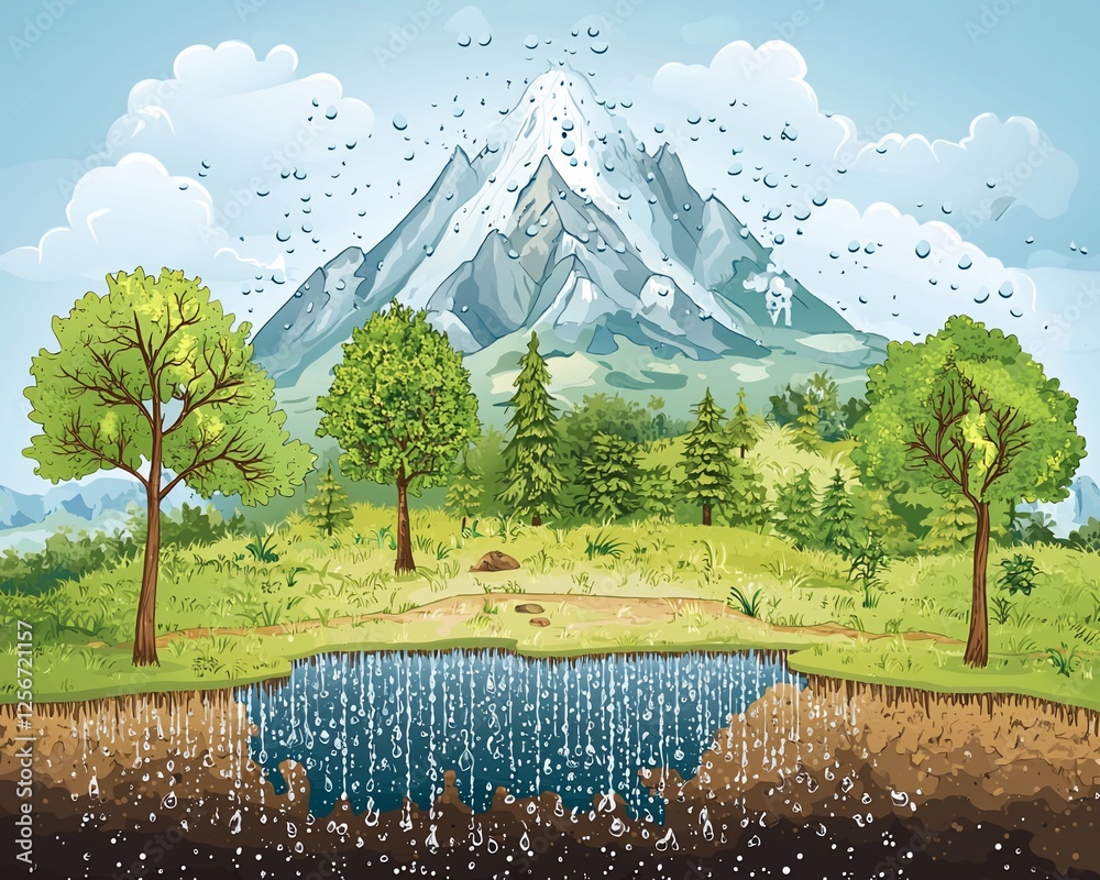 Water cycle illustration showing rainfall, mountain, trees, and ...