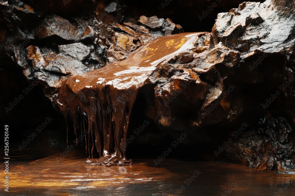 Dark, viscous liquid flows over rocks into a pool. Illustrates ...