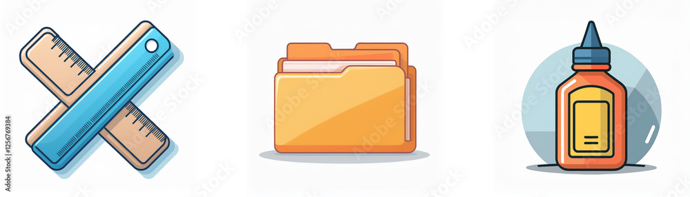 Three cartoon icons depicting crossed rulers, an open folder, and a ...
