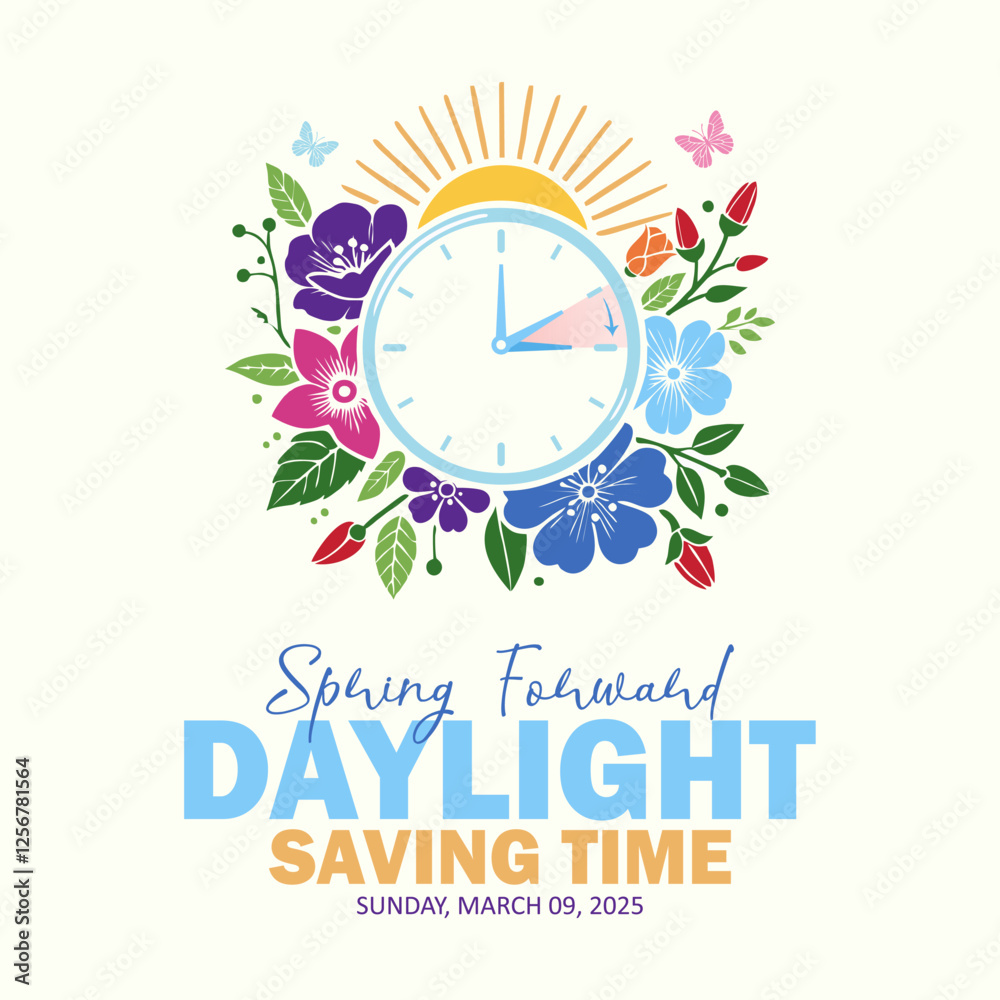 Daylight Saving Time begins concept. The clock moves forward one hour ...