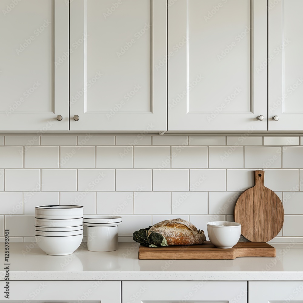 Soft lighting highlights a Mediterranean kitchen backsplash with elegant white subway tiles and ...