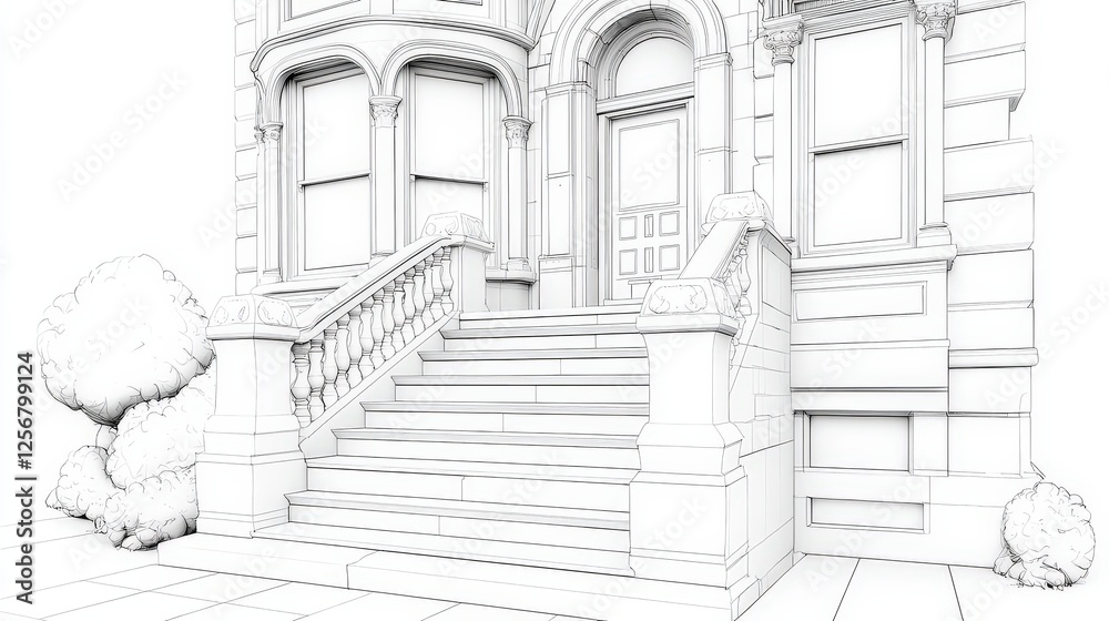 Detailed Architectural Drawing of Elegant Building Entrance with Stairs ...