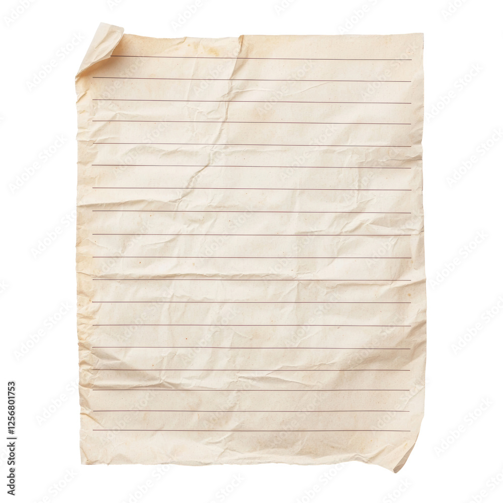 Wrinkled lined paper sheet with a folded corner and aged texture ...