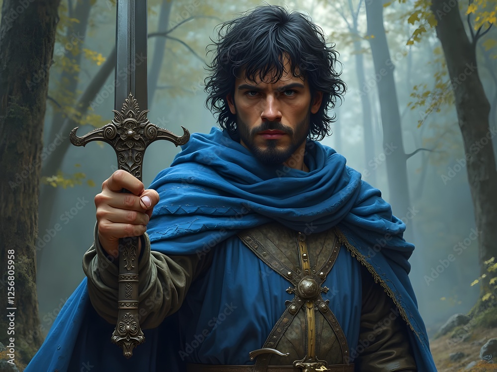 Illustration of a medieval knight's squire wearing a blue cape holding ...