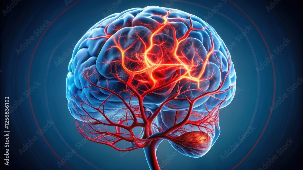 Brain with glowing red arteries on MRI scan showing dynamic cerebral ...